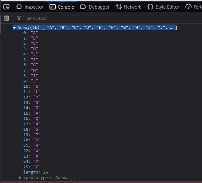 Javascript Alphabet Array Simple Example Code Eyehunts
